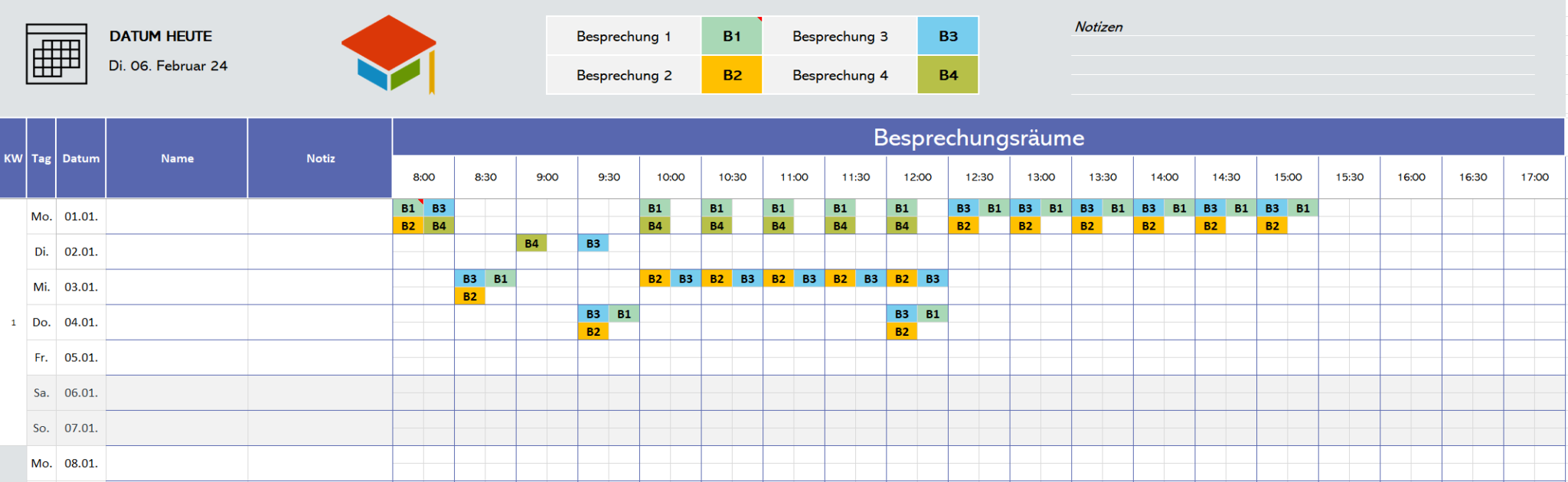 Kostenloser Excel Belegungsplan für Besprechungsräume - Office-Lernen.com