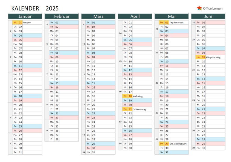 Kostenlose Kalendervorlagen 2025 - Office-Lernen.com