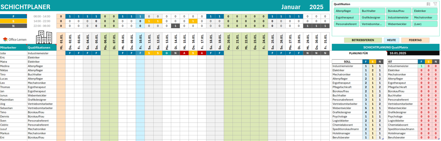 Excel Schichtplaner Vorlage mit Qualifikationen - Office-Lernen.com